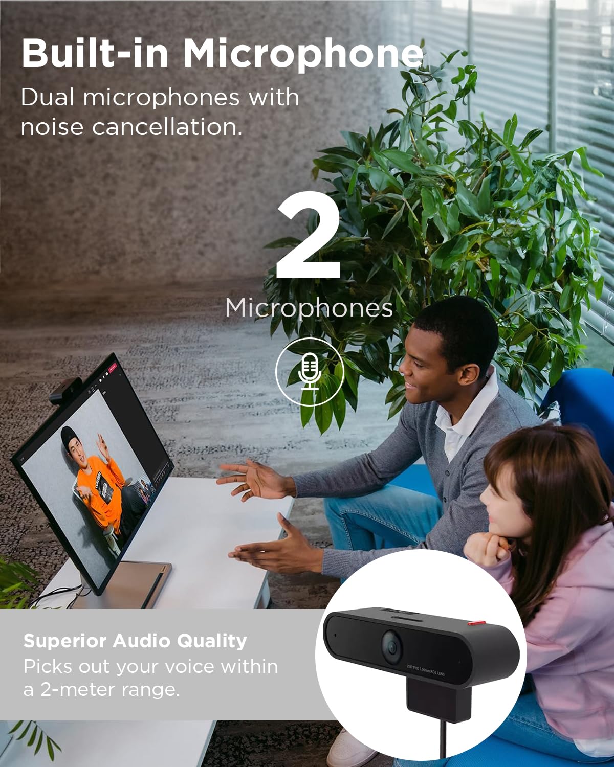 Lenovo HD 1080p Webcam (LC50) - Monitor Camera with 90° Wide Angle, Dual Microphones & Smart Video Capture – Magnetic Desktop Cam w/ Privacy Shutter & Light for Virtual Class, Meetings & Conferences