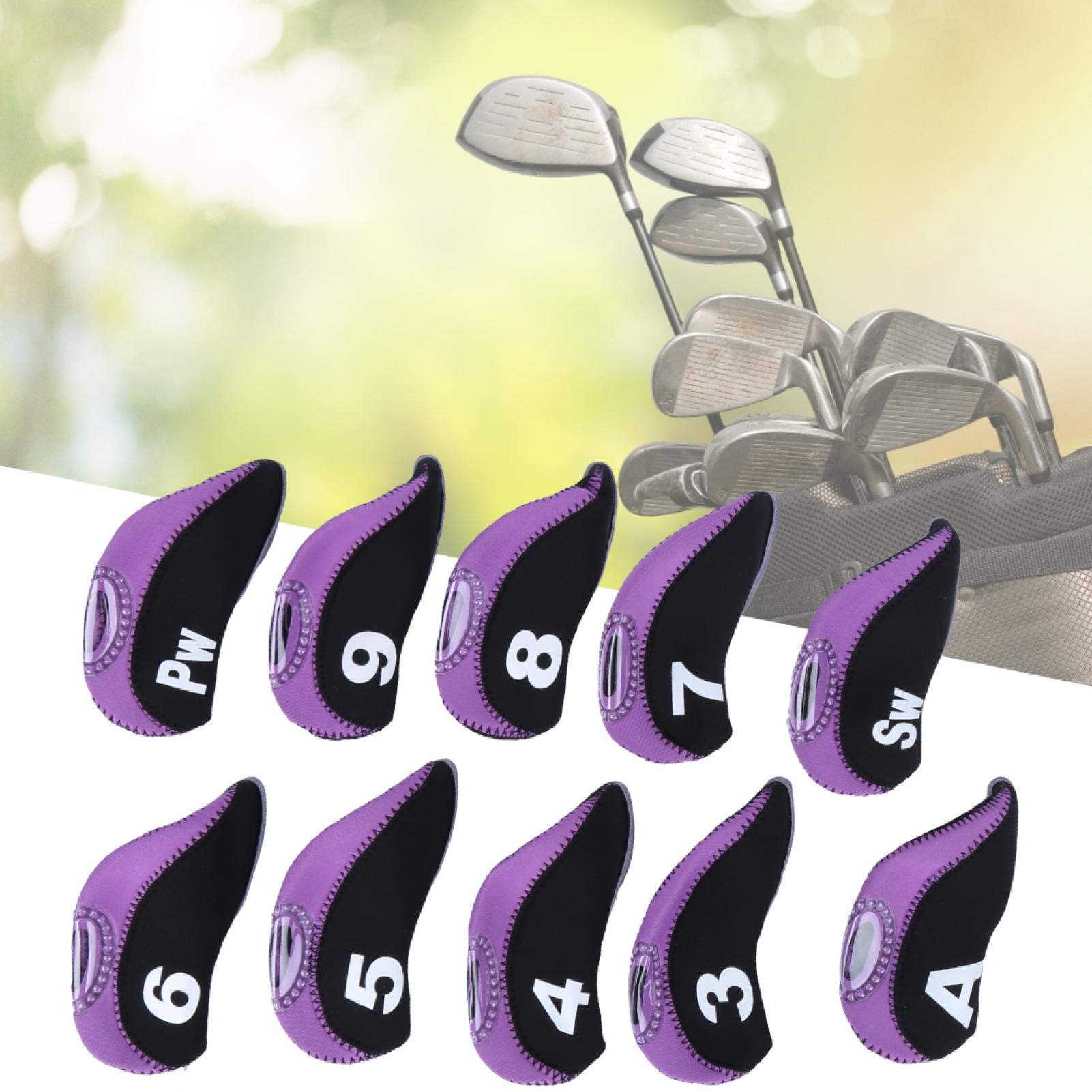 Liukouu Golf Club Iron Head Covers Set, 10Pcs Neoprene Head Cover Black Purple Number Golf Club Irons Covers for Golf Lovers
