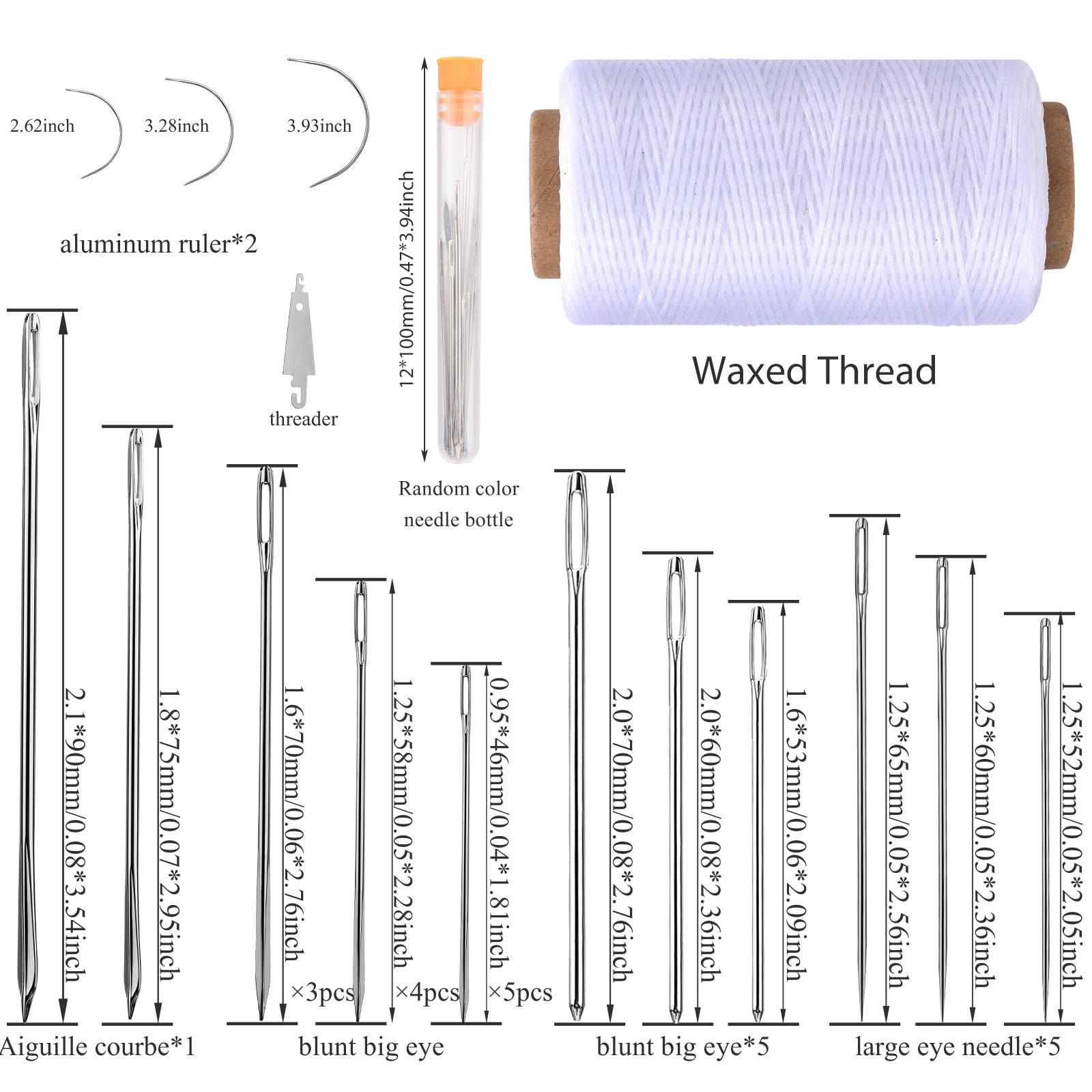 Leather Sewing Waxed Thread，Waxed Thread Cord 273 Yards，Wax String Set with 50 PCS Hand Sewing Needles，Flat Wax Thread for Book Binding,Leather DIY Project （OriginalWhite）