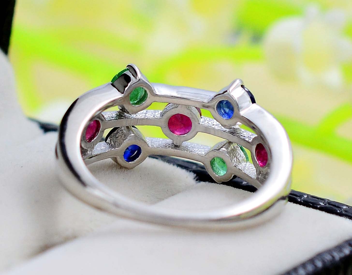 Natural Ruby Emerald Sapphire Mix Gemstone 4 MM Round Cut 925 Sterling Silver Cluster Unisex Proposal Ring For Christmas Gift (Rhodium Plated Silver, 11)