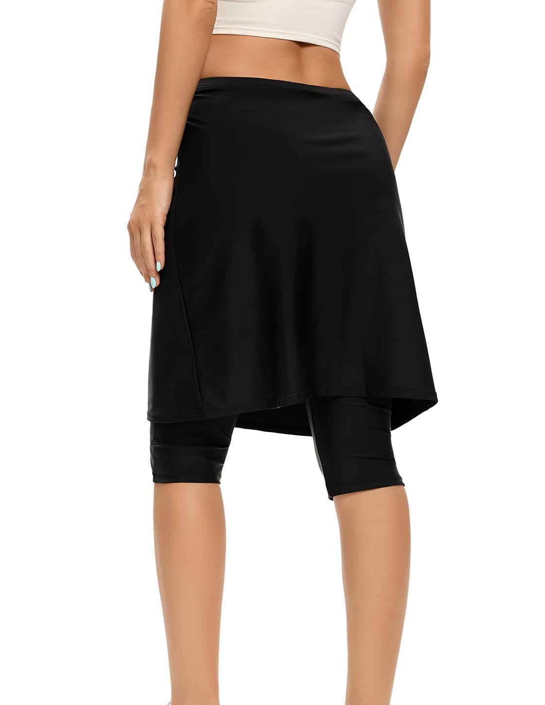 MAXE Women Swim Skirt with Legging Sun Protective UPF 50+ Swimming Tight Attached Skort Capris Black, Small