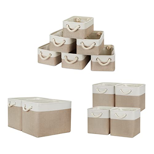 Temary Fabric Storage Baskets Small Storage Bins Decorative Baskets for Storage (White&Khaki, 6Pack-11.8Lx7.9Wx5.3H, 2Pack-16Lx12Wx12H, 4Pack-12Lx12Wx12H)