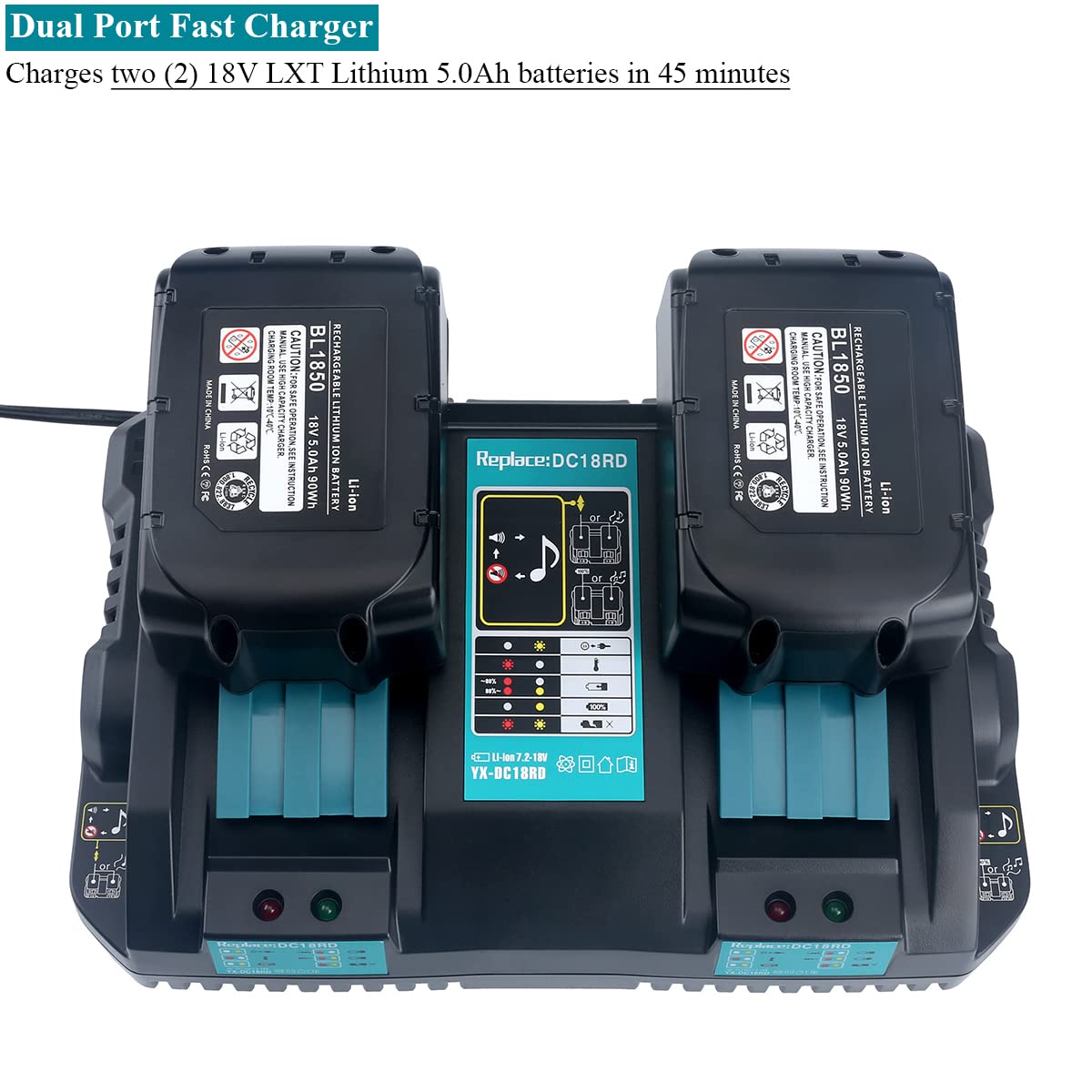Lasica Replacement for Makita 18V Battery Dual Fast Charger DC18RD, Compatible with Makita 18V or 36V (18V X2) LXT BL1850-2 BL1830 BL1840 BL1860 BL1815 BL1430 Drill Chainsaw Power Tool Battery Charger