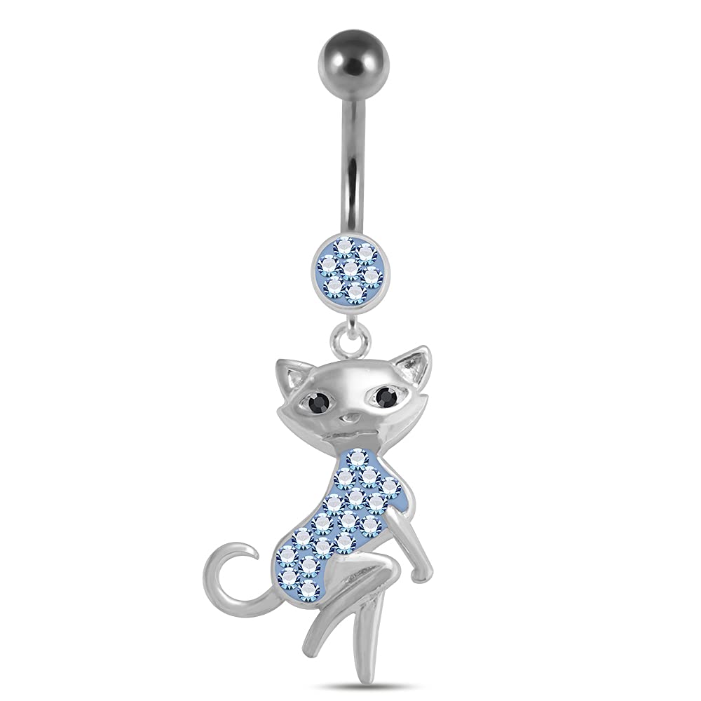 Lavender Multi Crystal Stone Sexy Cat Dangling Design 925 Sterling Silver Belly Button Piercing Ring Jewelry