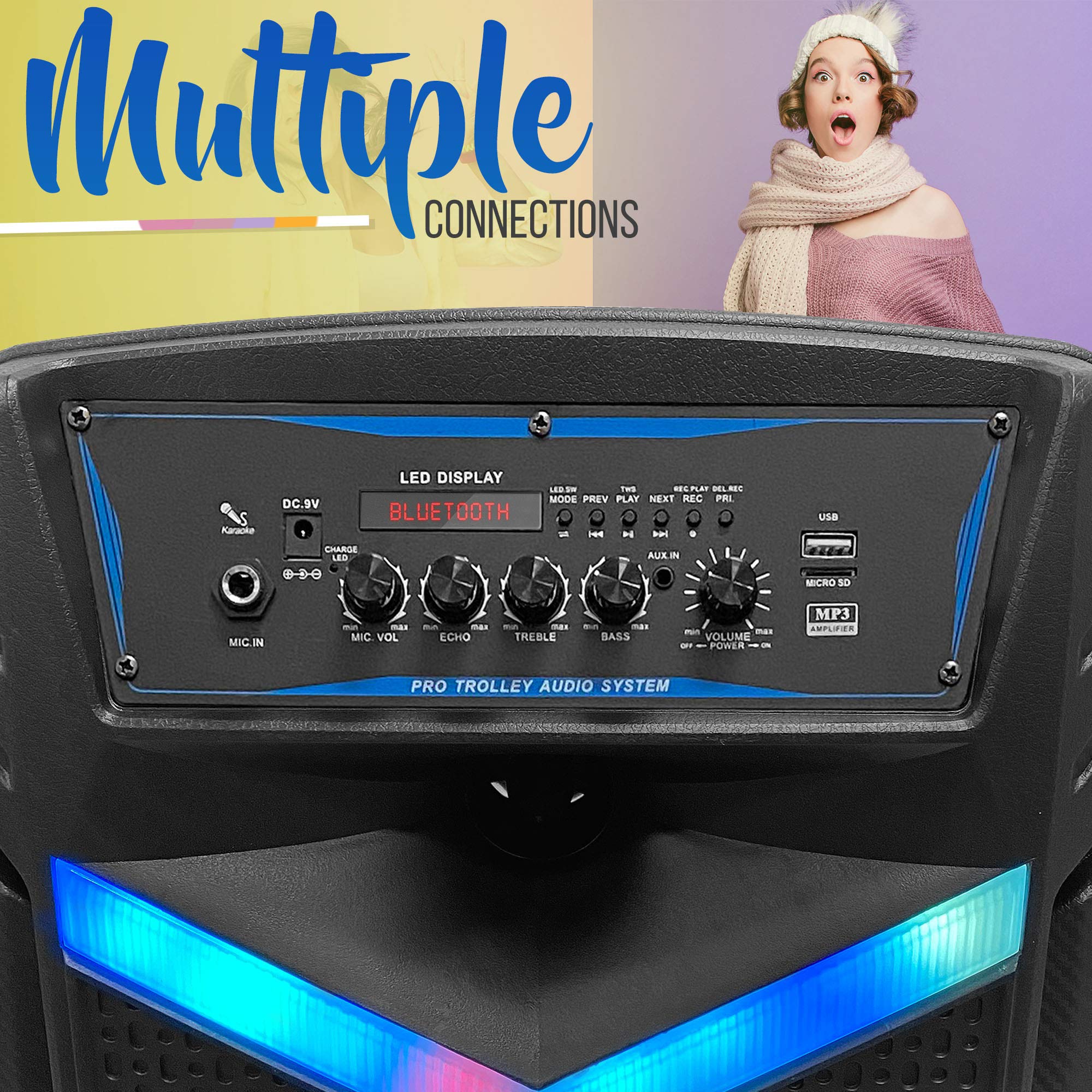 Pyle Portable Bluetooth PA Speaker System with Wireless Microphone - 1200W Speaker with 15" Subwoofer, Flashing Lights, Rechargeable Battery and VHF Narrow Band Wireless Microphone System