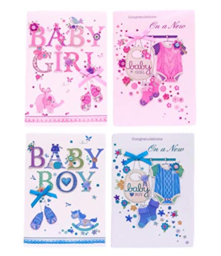 Lovely New Baby Shower Greeting Cards for Baby Boy/Girl (4-PK Assorted)