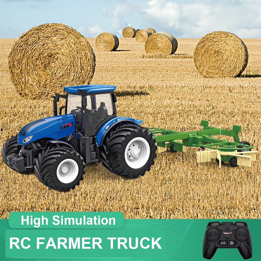 RC Truck Farm Tractor with 2 Rechargeable Batteries - 2.4G 1/24 High Simulation Construction Vehicle with Dual Rotary Swath Windrower,Remote Control Toy with Lights, Hobby Model Toys for Kids 3-6