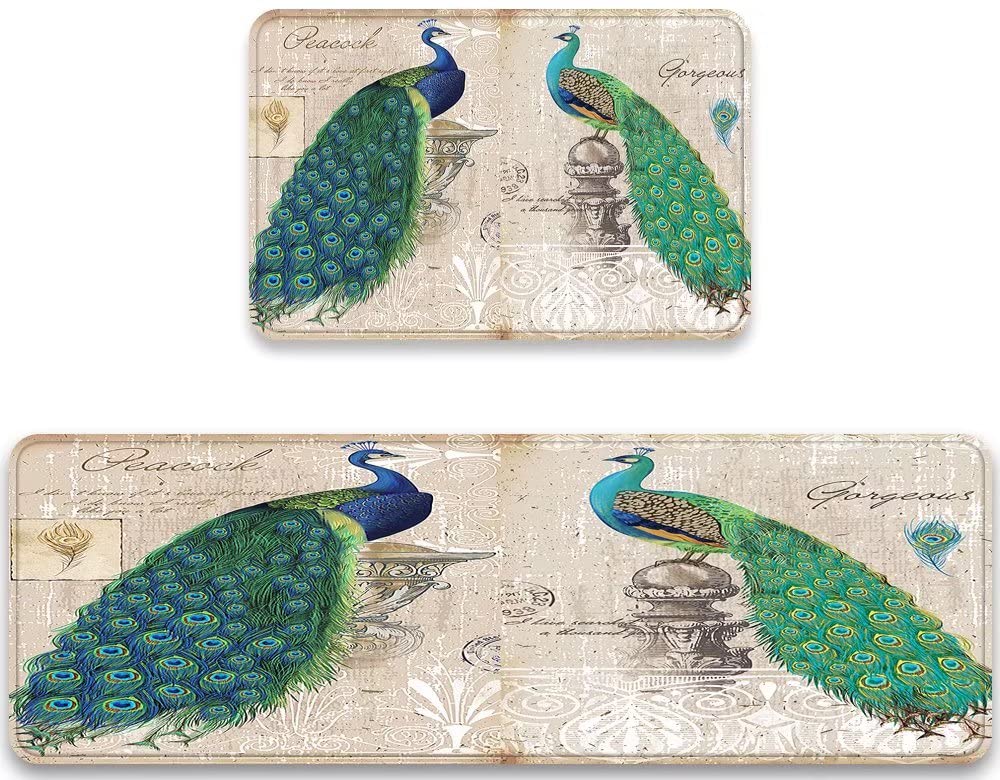 Peacock Kitchen Rug Set 2 Pieces Peacocks Classical Beautiful Vintage Painted Feathers Rug Comfort Mat Cushioned Floor Mats Washable Doormat Anti Fatigue Non-Slip Chef Runner Rugs Bedroom Area Carpet