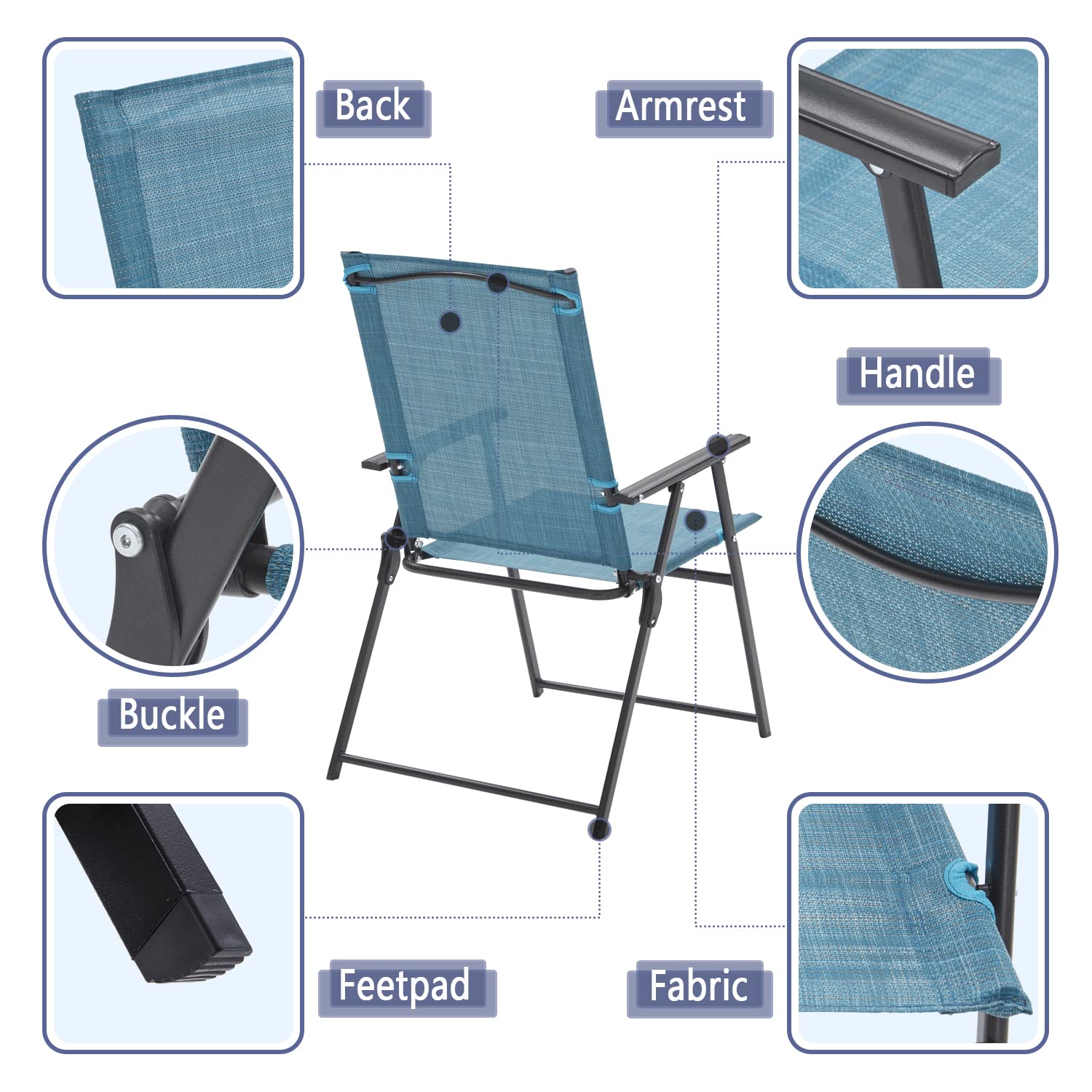 VICLLAX 3 Pieces Small Patio Dining Set, Patio Furniture with 2 Outdoor Foldable Chairs and Black Patio Dining Table, Dark Blue Chairs