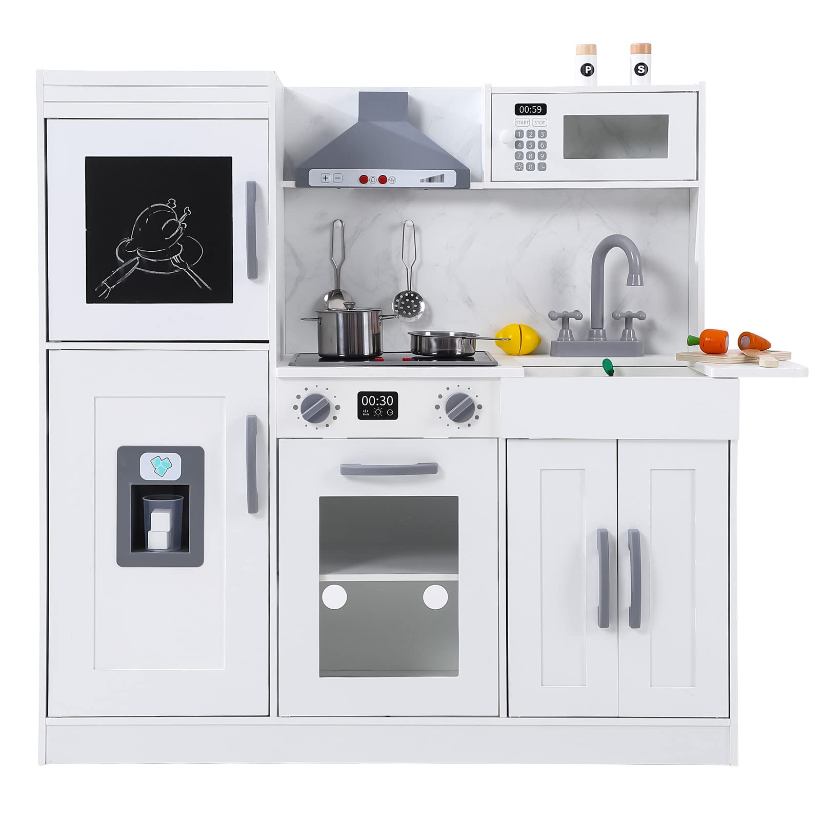 Kids Kitchen Playset, Wooden Chef Pretend Play Set with 20 PCS Cookware Accessories, Wooden Cookware Pretend with Ice Maker, Microwave, Oven, Range Hood, Sink, Real Lights & Sounds,White