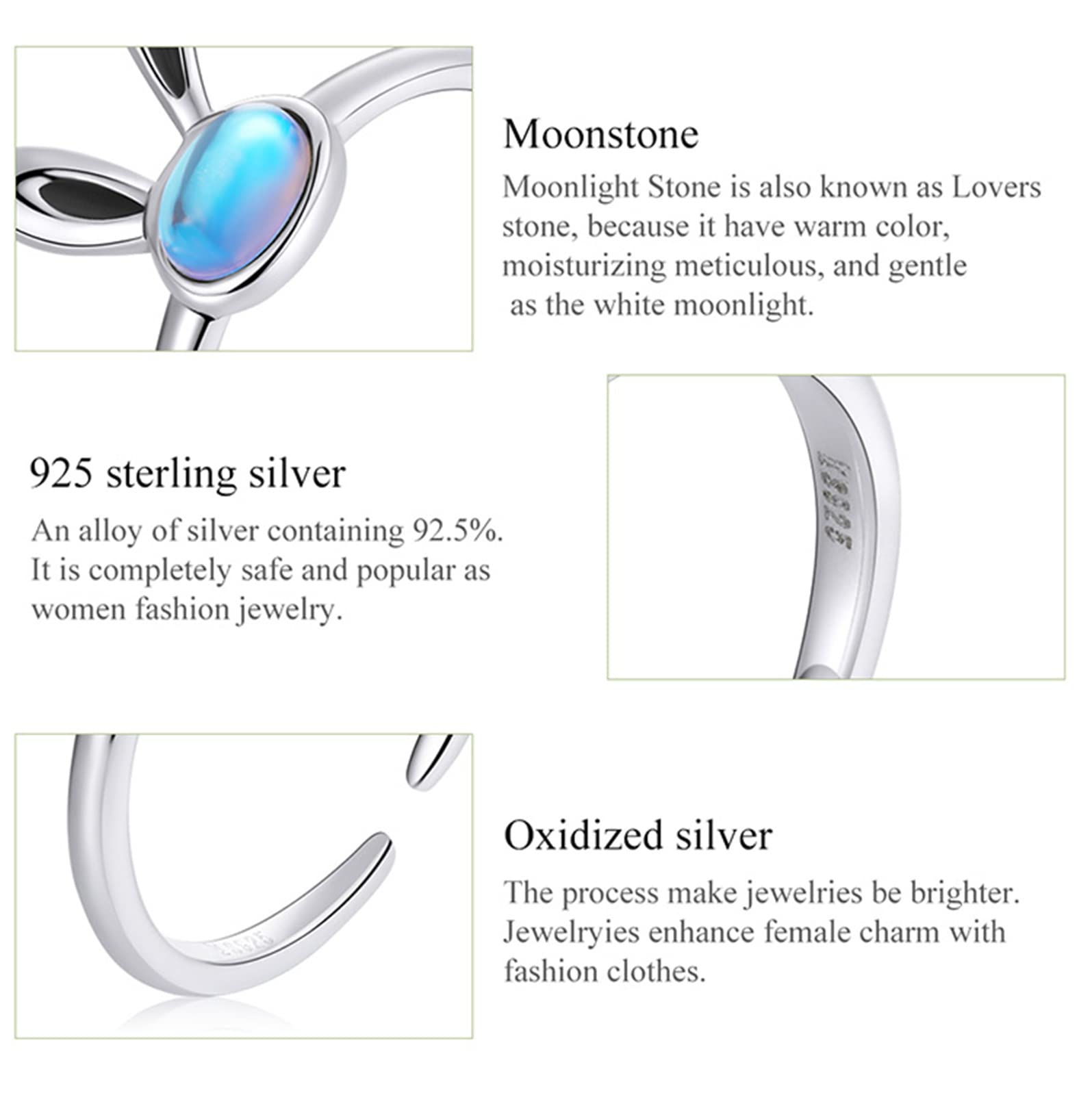 Rainbow Moonstone Ring 925 Sterling Silver Rabbit Rings Cute Animal Adjustable Open Ring Gifts for Engagement Anniversary Wedding