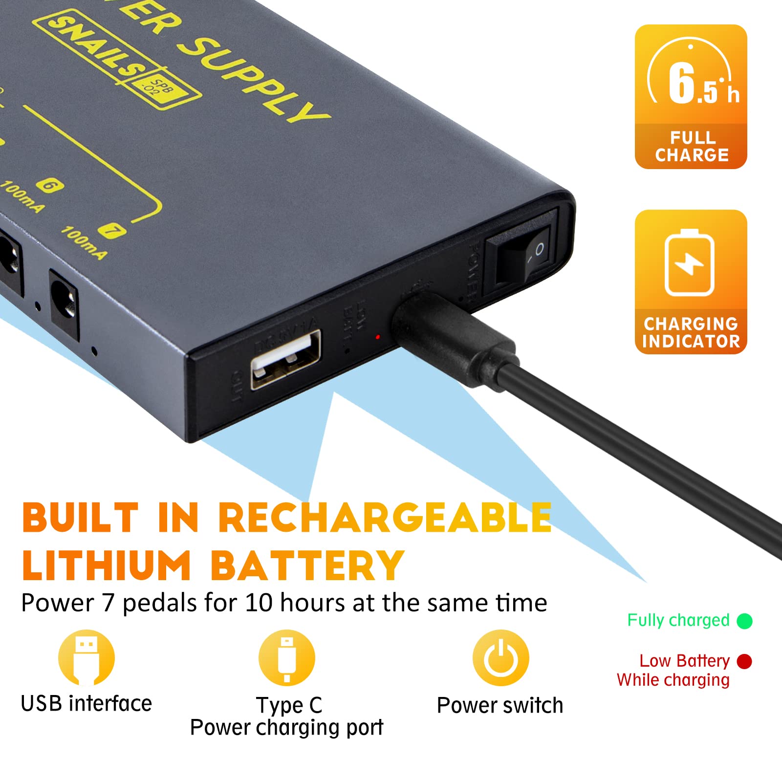 lotmusic Portable Guitar Pedal Power Supply 7 Isolated DC Output, Built-in 3.7V/10000mAh Rechargeable Battery for 9V Guitar Bass Effect Pedals with Short Circuit/overcurrent Protection