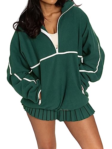 VNIRA Women’s Oversized Sweatshirt Fleece Crew Neck Long Sleeve Half Zip Casual Pullover Hoodie Tops Fall Y2K Clothes Deep Green