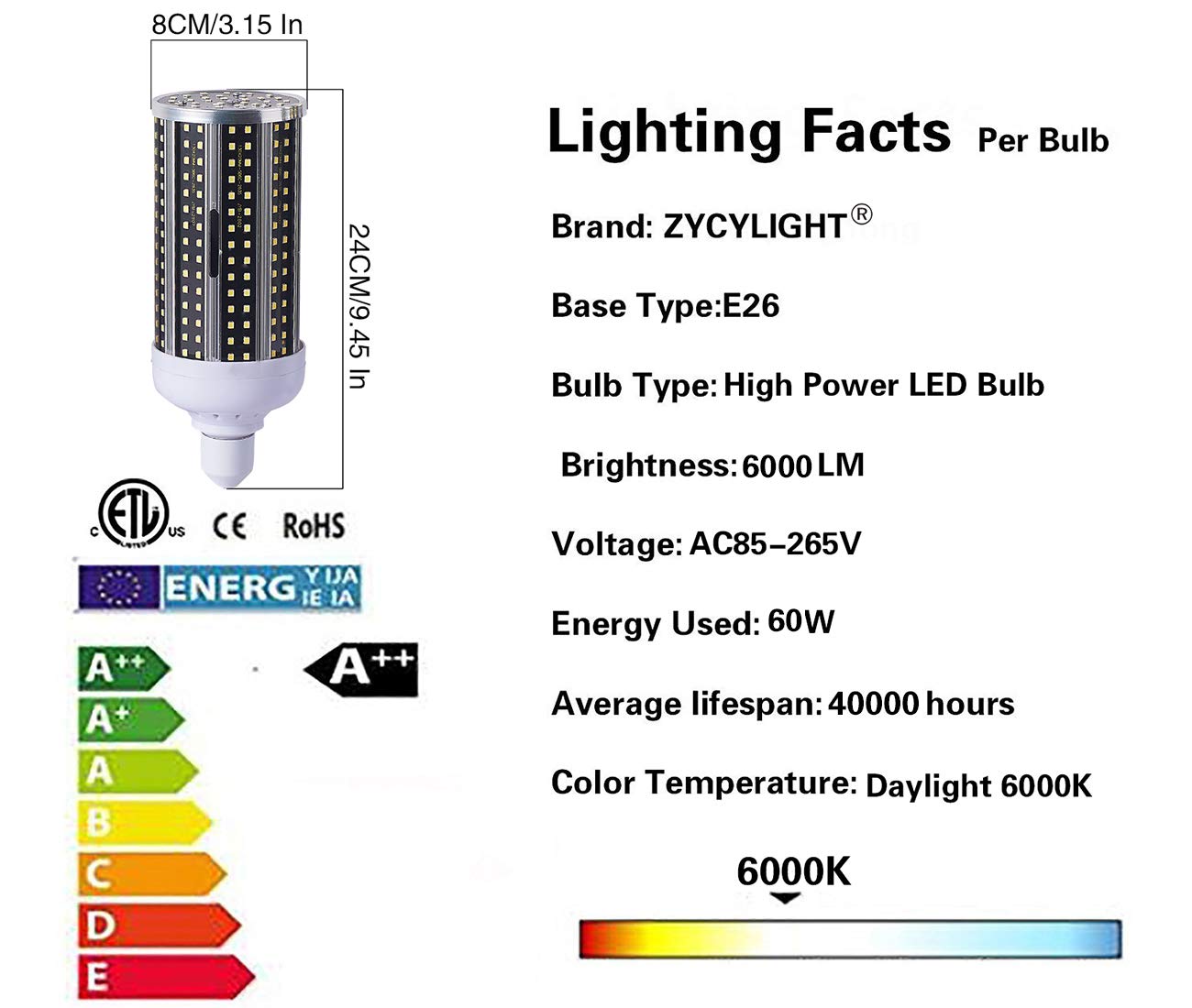LED Corn Bulb,60 Watt (400W Equivalent),5500 Lumen,6000K- 6500K,Cool Daylight LED Street and Area Light,E26/E27 Medium Base,for Outdoor Indoor Garage Warehouse High Bay Barn Backyard and More,2 Pack
