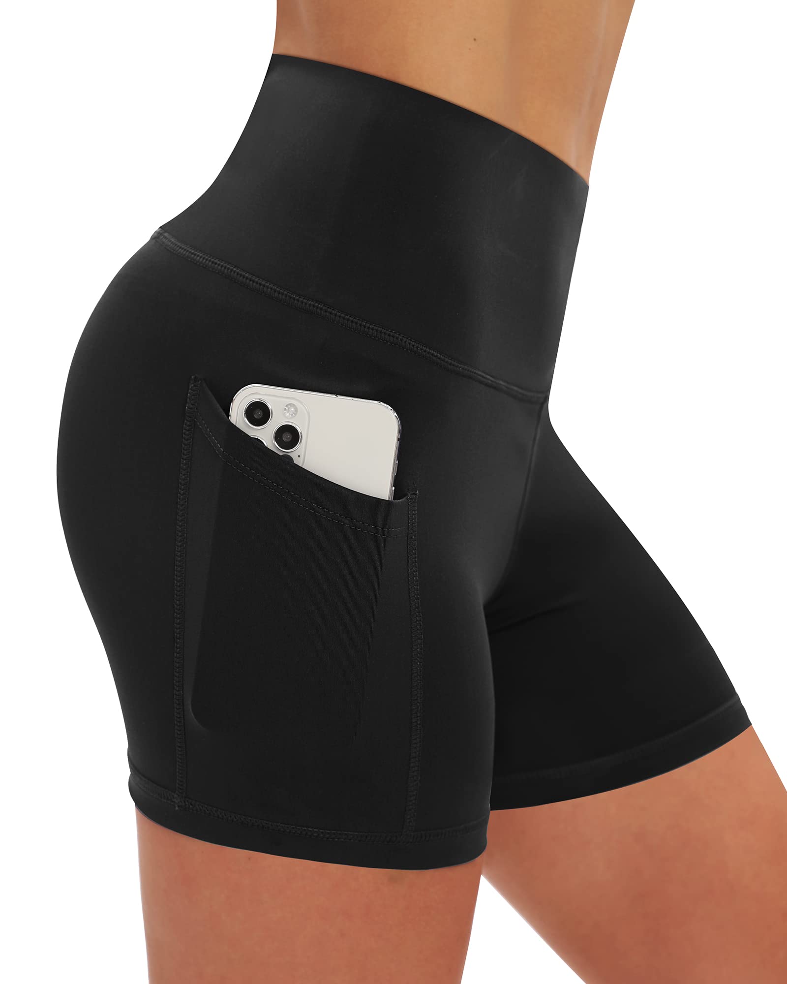 Runhit 3 Inch Running Shorts for Women High Waisted Yoga Shorts with Side Pockets Tummy Control Workout Gym Compression Shorts Black XL