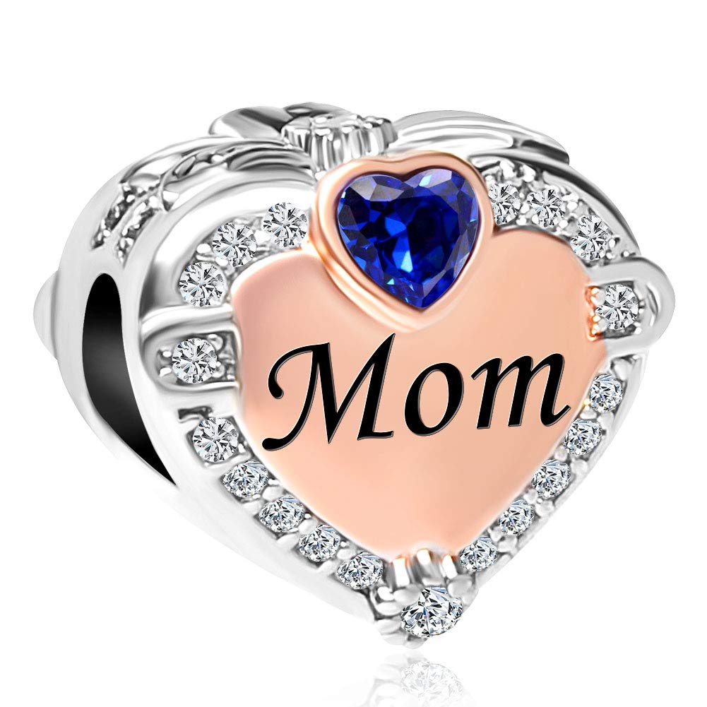 LovelyCharms Rose Gold Love Mom Charm Simulated January Birthstone Heart Bead for Bracelet