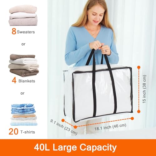 Vieshful 4 Pack Clear Clothes Storage Bag, 40L Zippered Closet Organizer, Plastic Storage Containers Moving bags for Comforter, Blanket, Bedding, Duvet, Toys