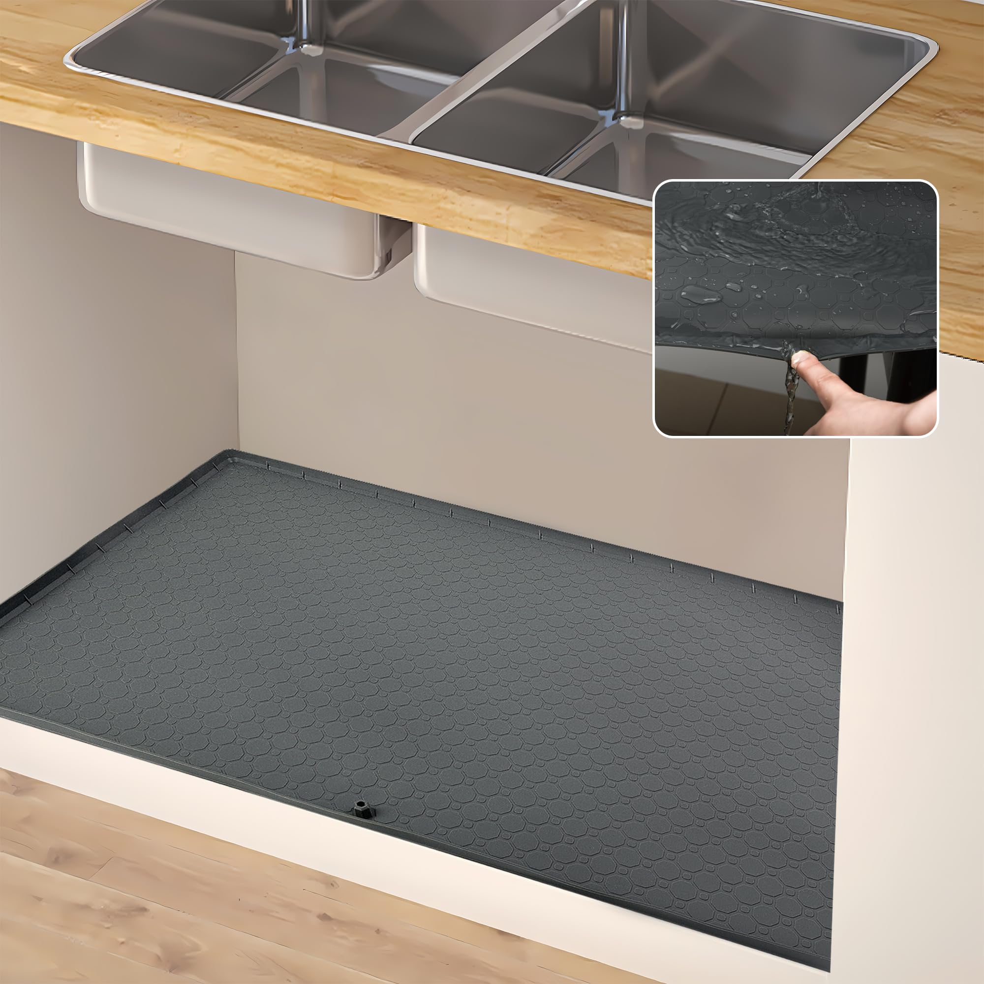 Under Sink Mat, 34" x 22" Waterproof Silicone Under Sink Tray for Kitchen & Laundry Cabinets, Kitchen Cabinet Shelf Protector,Fits 36 inch Standard Cabinet (Grey)
