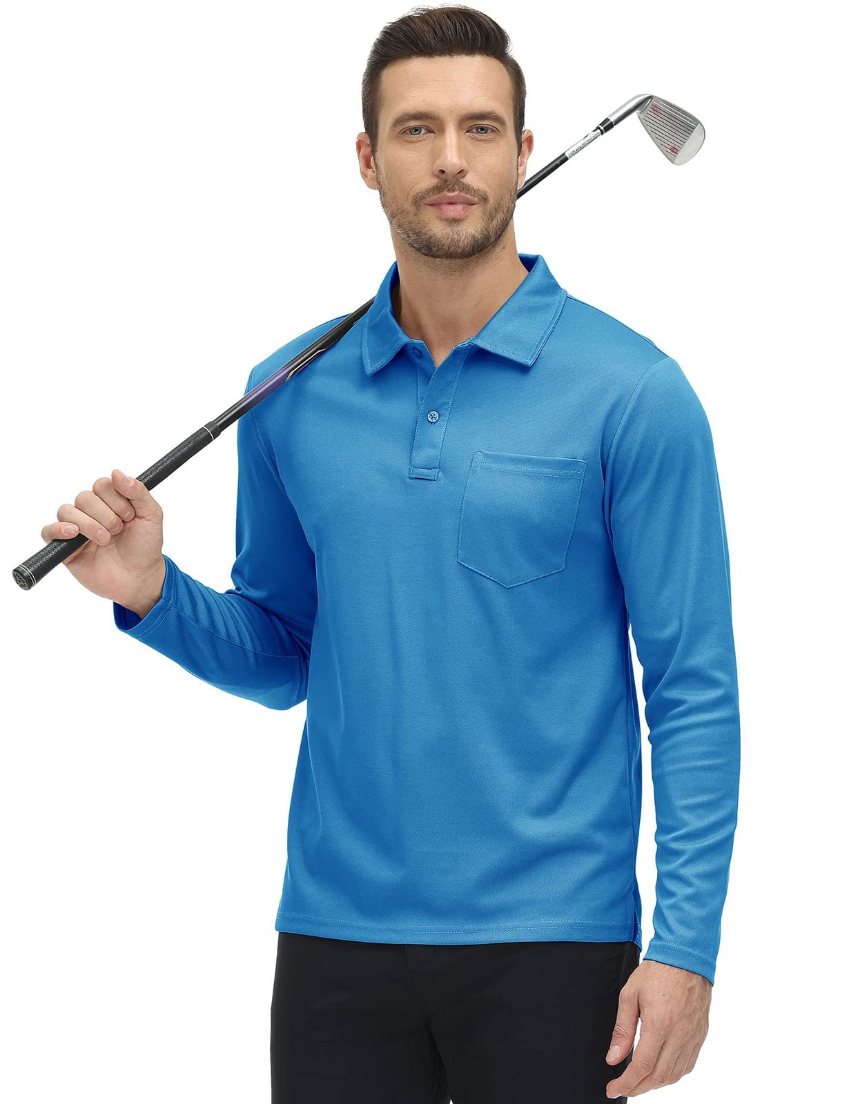 Rdruko Men's Outdoor Sport Performance Polo Long Sleeve Pullover with Pocket(Blue, US XL)