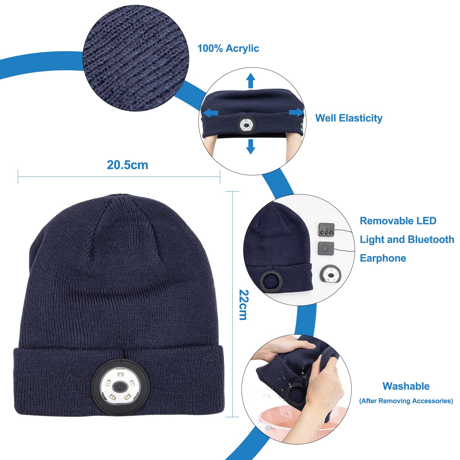 Night Cat Bluetooth Beanie Hat 5 LED Knitted Music Cap,Wireless Headphones with Speakers Headlamp USB Rechargeable Hat Unisex