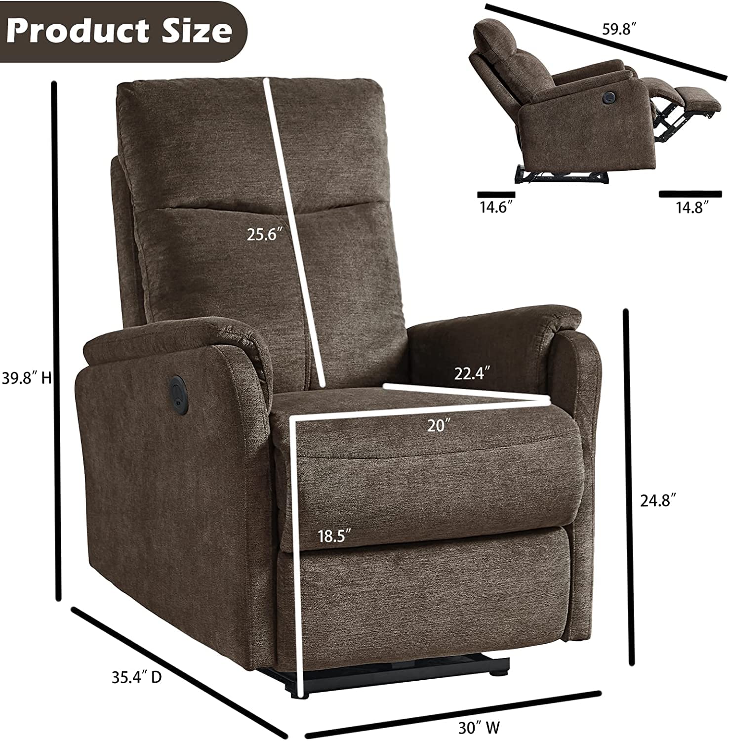 LAVHOME Electric Power USB,Fabric Single Sofa, Home Theater Seating with Recliner Function,Ergonomic Lounge Chair for Small Room 35.4" D x 30" W x 39.8" H, Brown