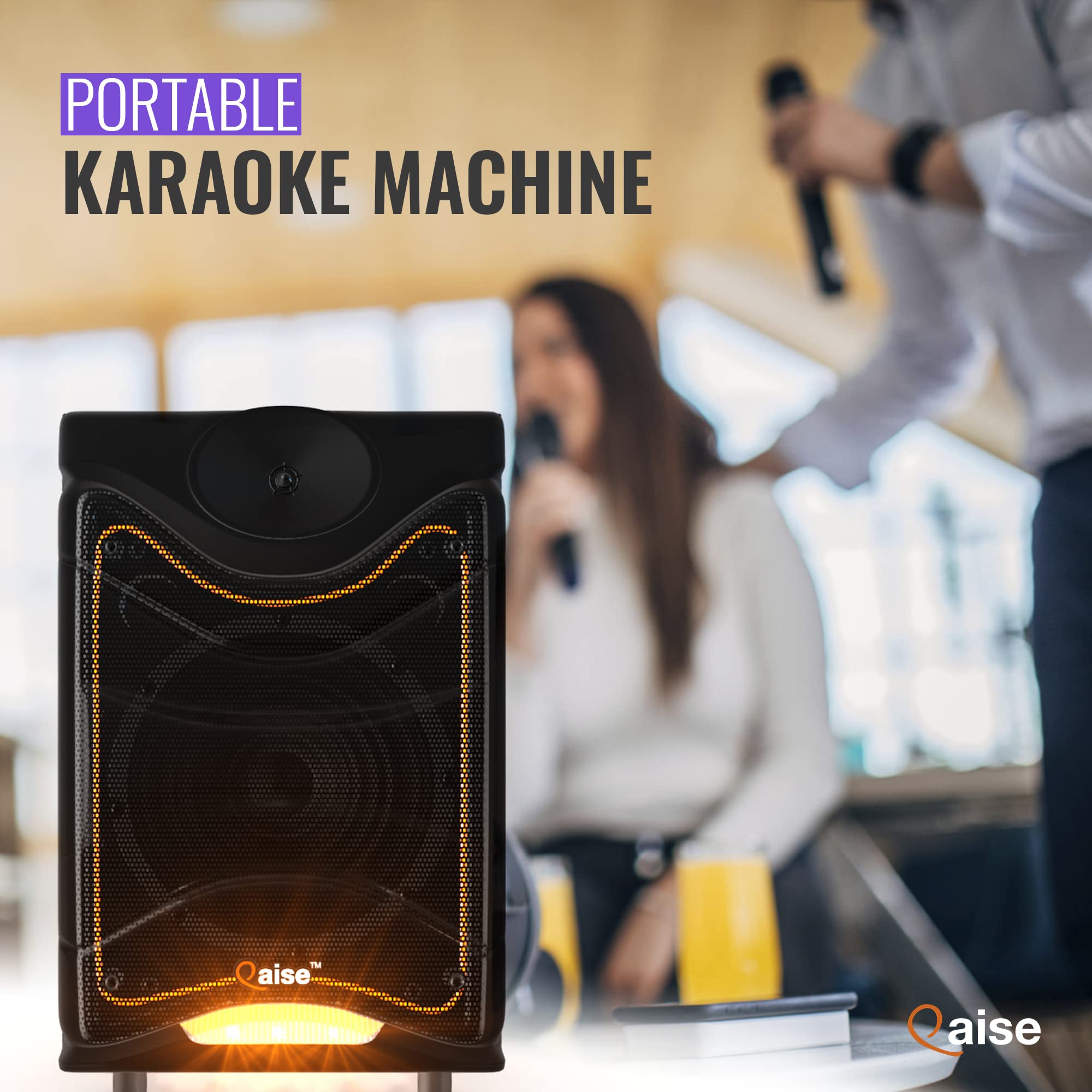 QAISE Professional Bluetooth Speaker Party Boombox Karaoke Machine with Deep Bass, 8” Subwoofer, 1.5” Tweeters, LED Lights, Compact System for Parties & Events, 3500 Watts Power (Mini Bass Thumper)