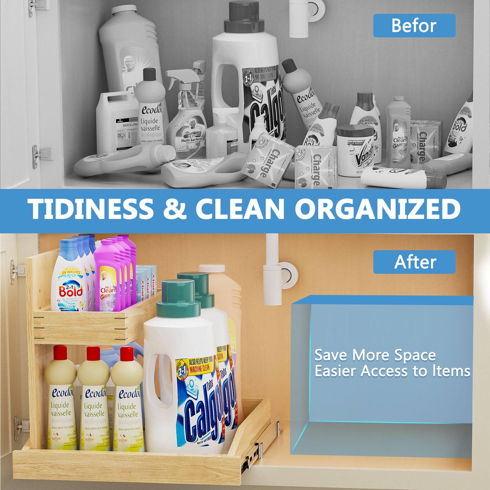 LOVMOR Soft Close Under Sink Organizer 22½” W x 21” D, Pull Out Cabinet Organizer with U Bracket, 2 Tier Slide Out Shelf for Kitchen Bathroom Sink(Left)