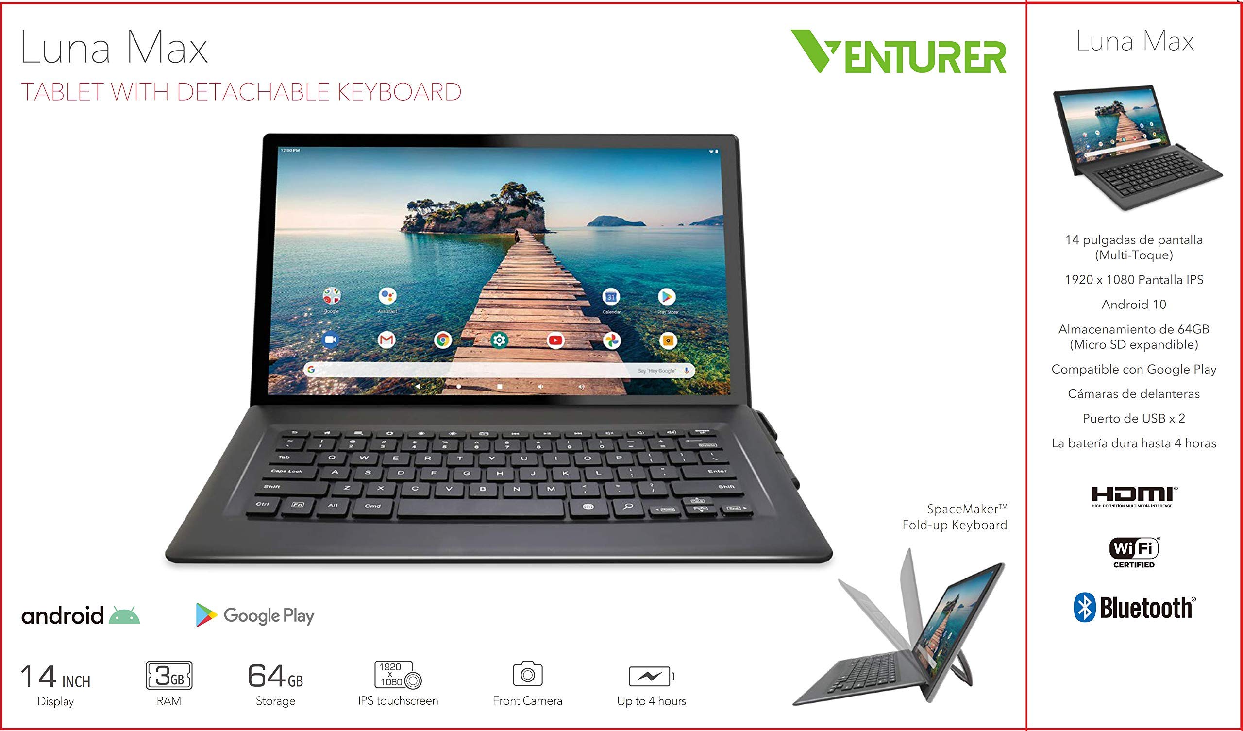 Venturer 14" Luna Max [VCT9T48Q34RBM] Quad-Core 3GB RAM 64GB Storage IPS 1920 x 1080 FHD Touchscreen WiFi Bluetooth with Detachable Keyboard Android 10 Tablet (Renewed)