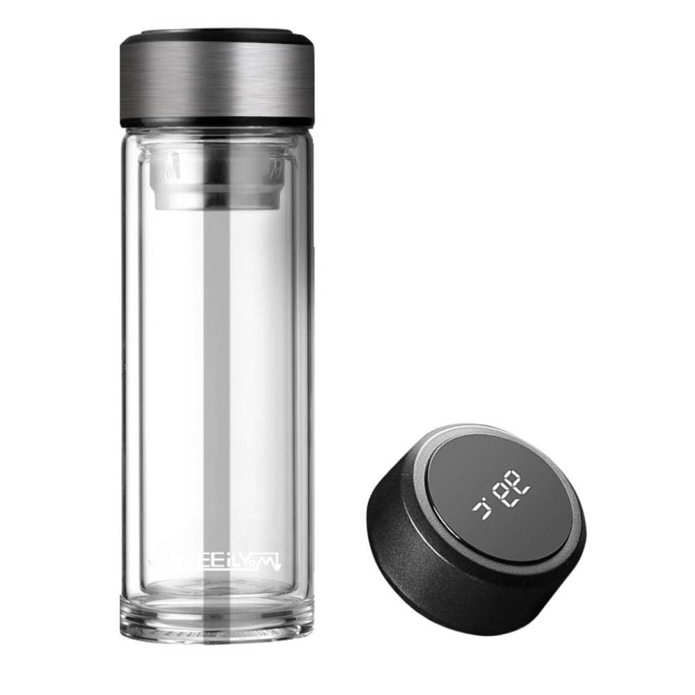 WEEILYAM, Borosilicate Glass Bottle with Silver Cap LED Temperature (Celsius) Display Smart Thermo Bottle 300ML (10 FL Oz), Double Insultation Tap to Display Temperature Smart Bottle