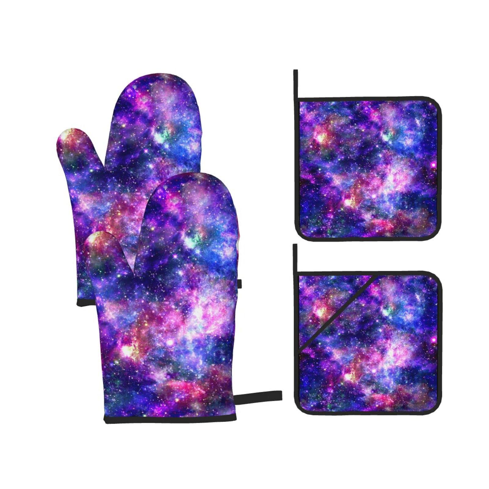 nhbfcds Galaxy Oven Mitts and Pot Holders Sets, 4 Piece Set, Heat Resistant Polyester Gloves and Pads for Kitchen Cooking Baking Grilling BBQ, One Size