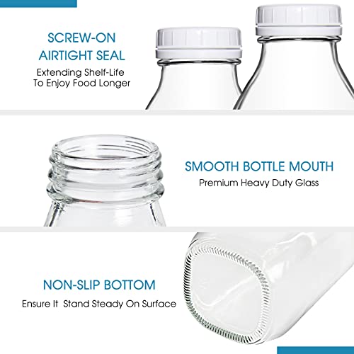 YEBODA 32oz Glass Milk Bottle with Plastic Tamper-proof Caps (4 Pack) Vintage Reusable Dairy Drinking Containers, Glass Bottles for Milk, Juice,Yogurt, Smoothies, Tomato Sauce, Jam, Syrup