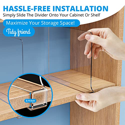 Tidy Friend Clear Acrylic Shelf Dividers for Closet Organization - Durable Closet Shelf Divider, Book Shelf or Pantry Shelf Divider for Wood Shelves - Pack of 4 Space Saving Shelf Organizers