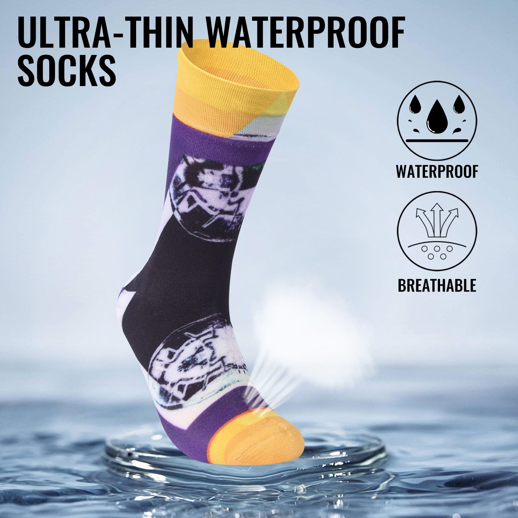 RANDY SUN Ultra Thin Waterproof Running Socks, Youth Women Water Resistant Breathable Mid-Calf Windproof Breathable Moisture Wicking Camping Socks 1 Pair Purple&Yellow