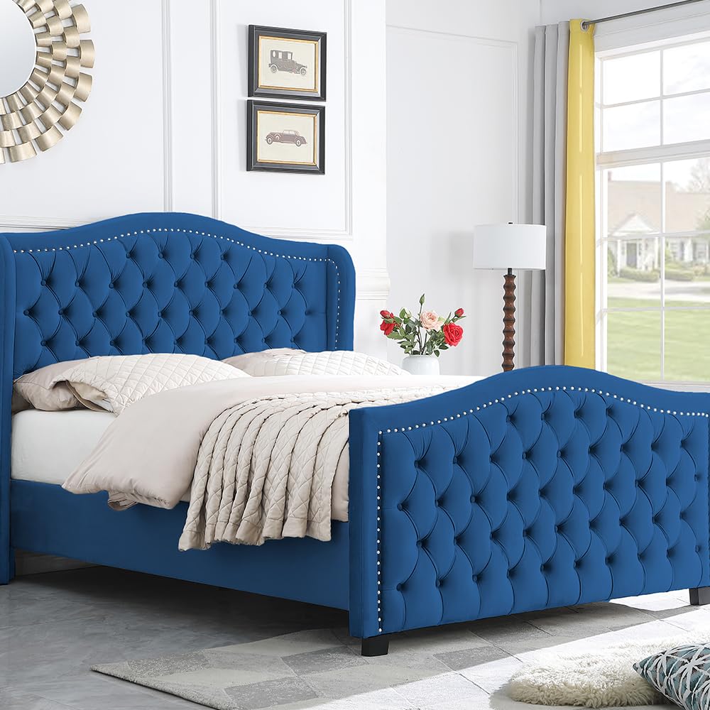 Leadtimes Grey Velvet Bed Frame Upholstered Platform with Tufted Button Wingback Headboard Durable and Luxurious California King Size