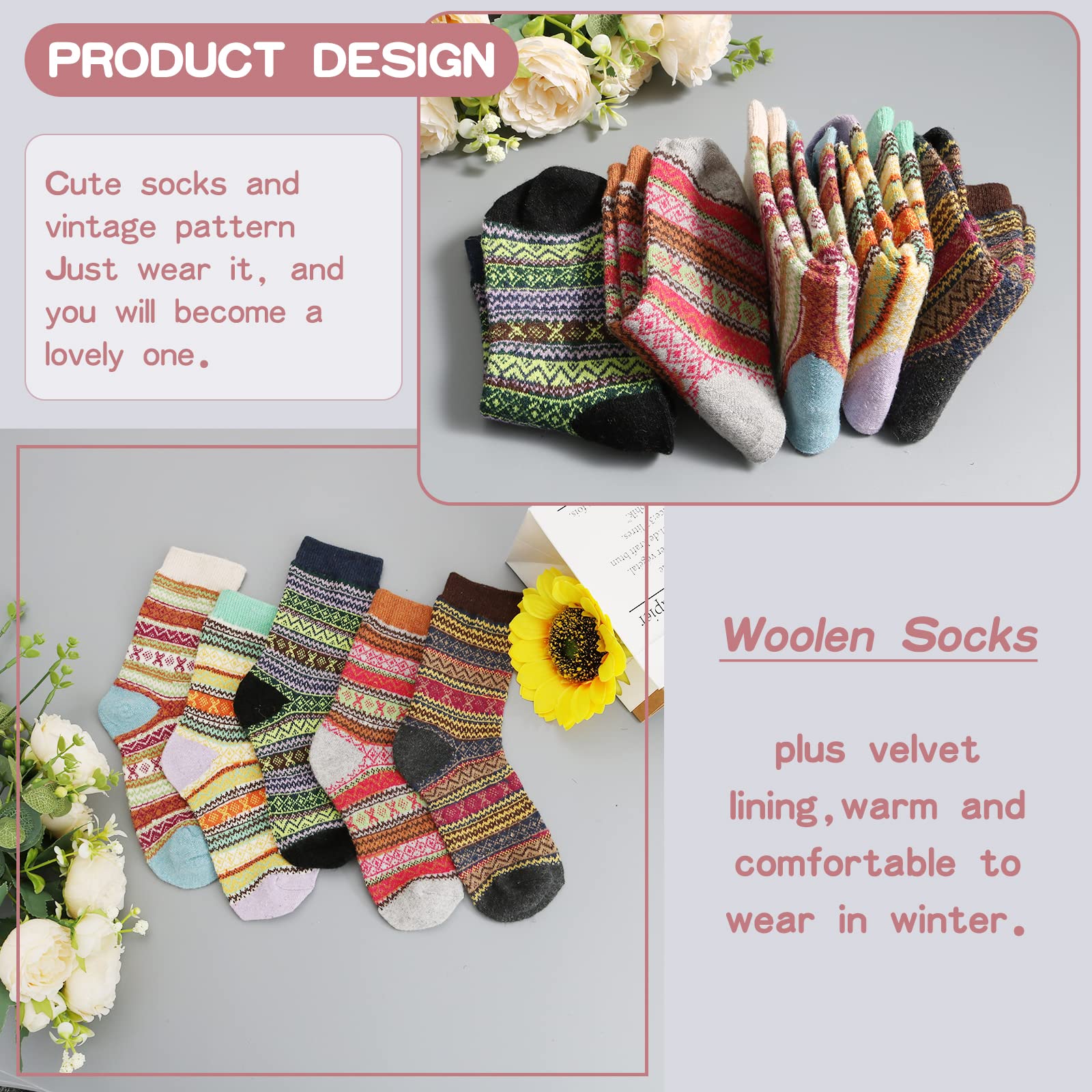 Mini Kitty 5 Pairs Winter Wool Socks for Women Thick Knit Warm Socks Casual Soft Cozy Crew Socks Mixed Colors Gifts A-Pink