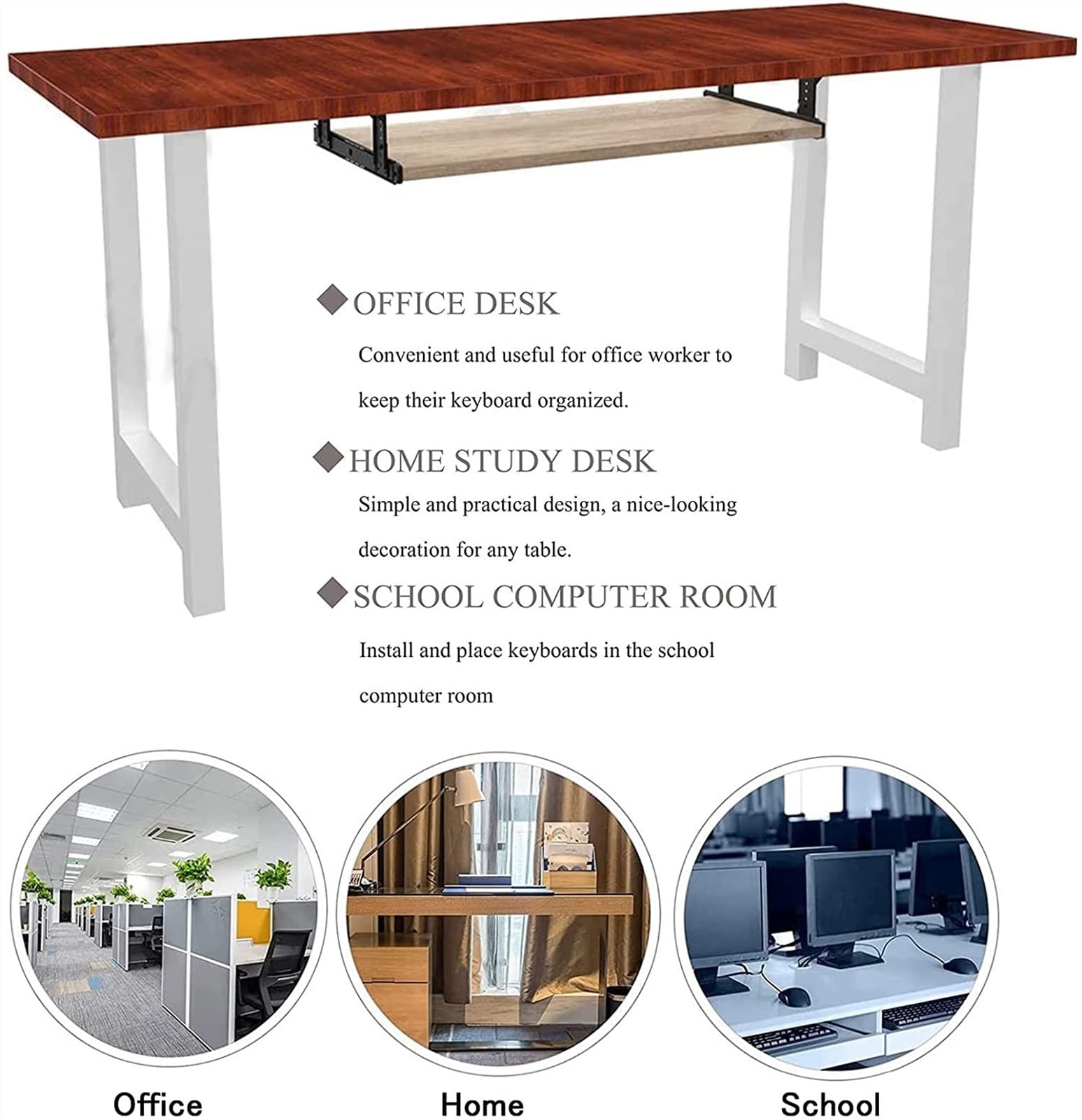 Keyboard Tray Wooden Sliding Keyboard Drawer Desk Elbow Arm Support Strong Load Capacity Computer Keyboard Arm Tray Mouse Storage Rack 54/60/70x27cm 5 Colors Easy to Assemble Push Pull Use