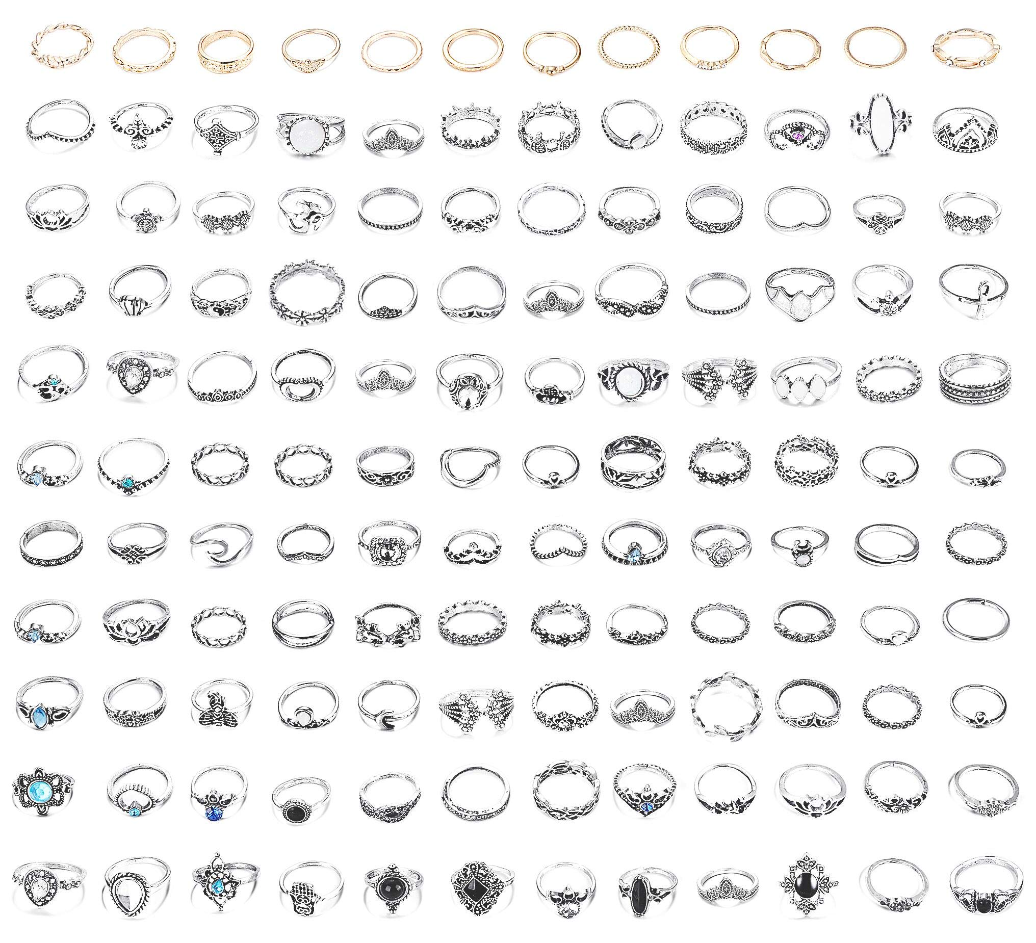 LOYALLOOK 132PCS Bohemia Knuckle Ring Set Women Hollow Silver Fashion Finger Rings Vintage Stackable Knuckle Midi Rings Set, Boho