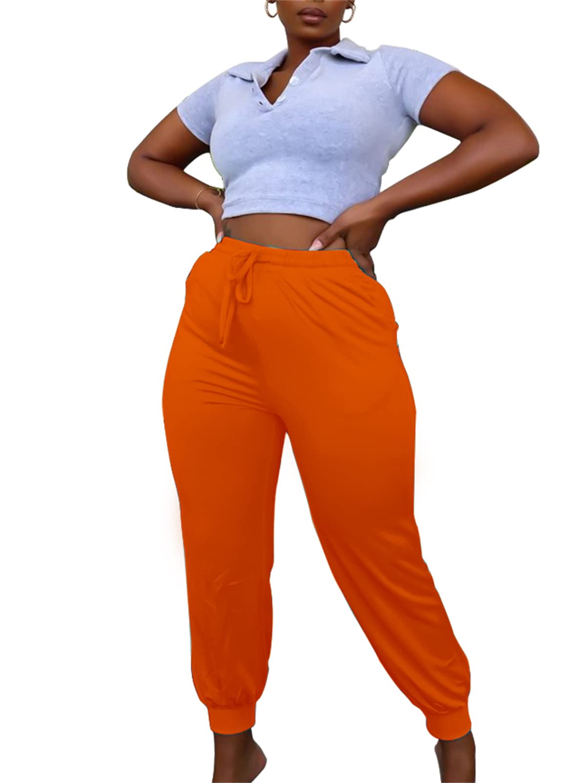 Salimdy Plus Size Pants for Women Active Casual Lounge Joggers Lightweight Comfy Yoga Pants with Pockets Drawstring Workout Pants,Orange,XXX-Large