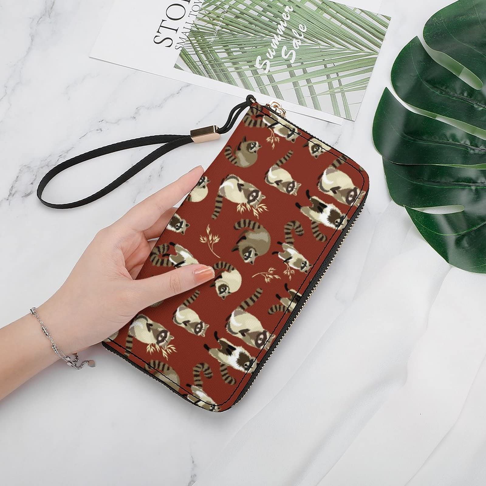 Raccoon Cute Fluffy Beast PU Long Wallet Fashionable Clutch Purse Mini Handbag with Wristlet Strap Zipper for Women