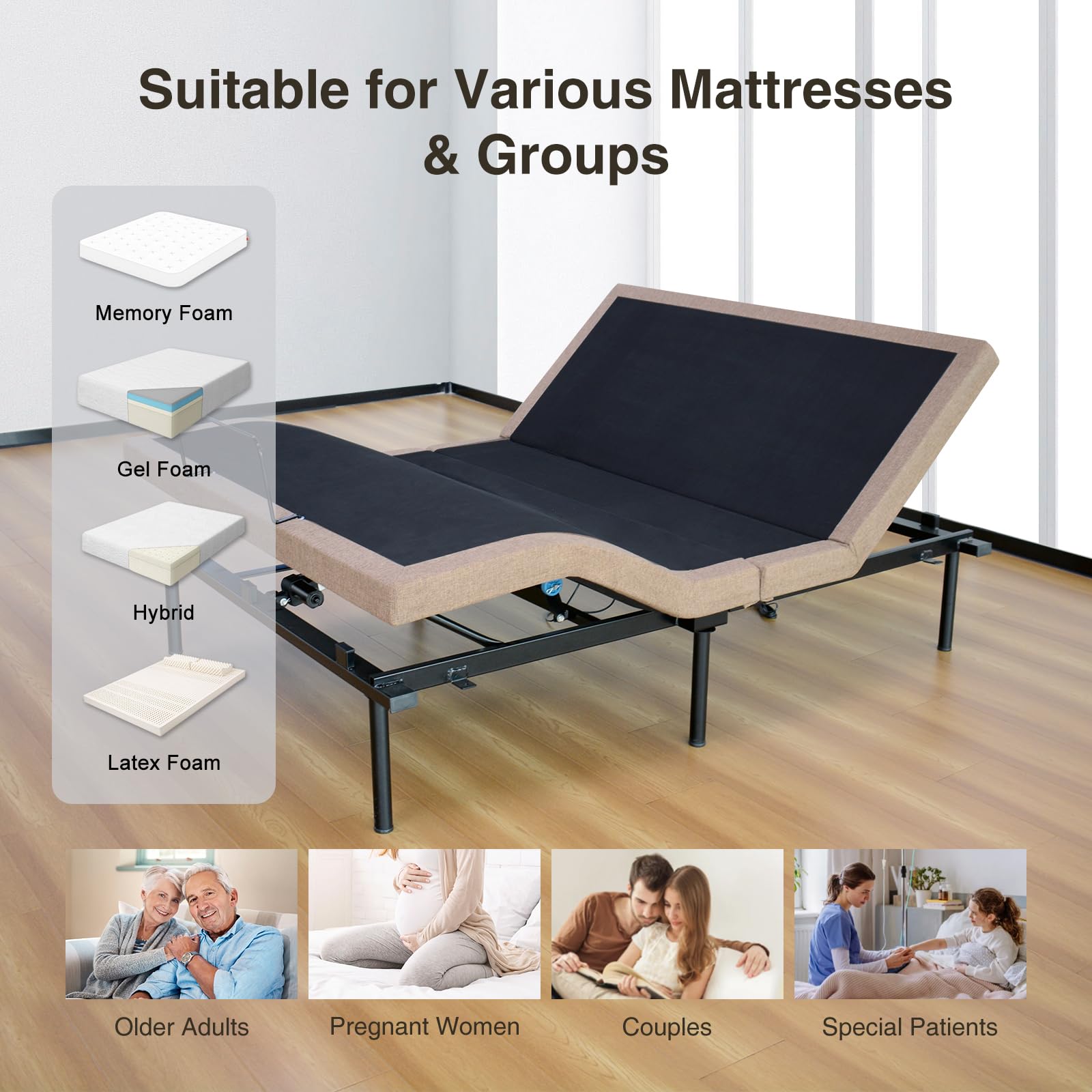 LCVXYERQ Electric Adjustable Bed Base, Ergonomic Upholstered Full Size Bed Frame with Upgraded Motors and Wireless Remote Control, Independent Head and Foot Incline