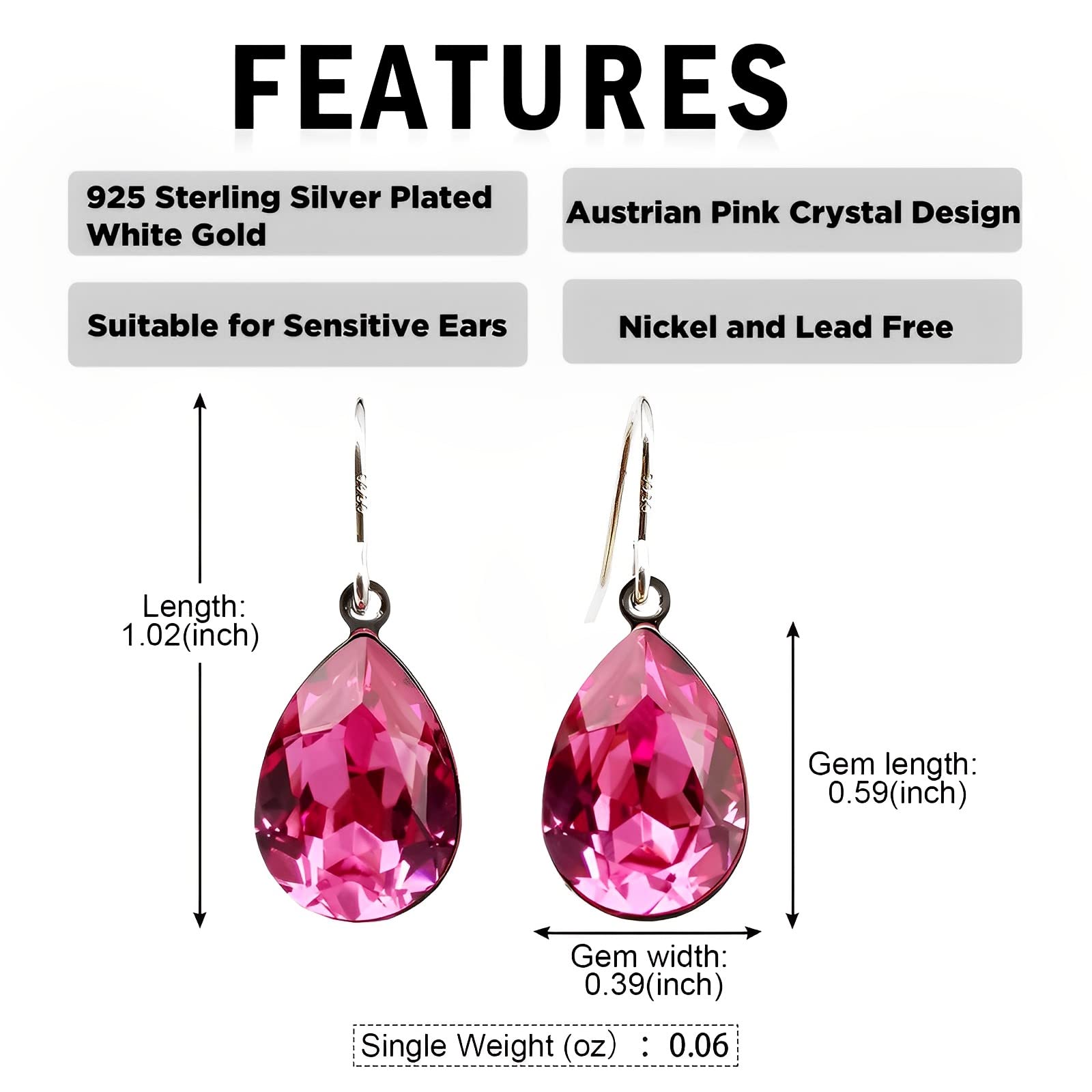 Pink Dangle Earrings for Women, 925 Sterling Silver White Gold Plated Austrian Pink Crystal Drop Earrings