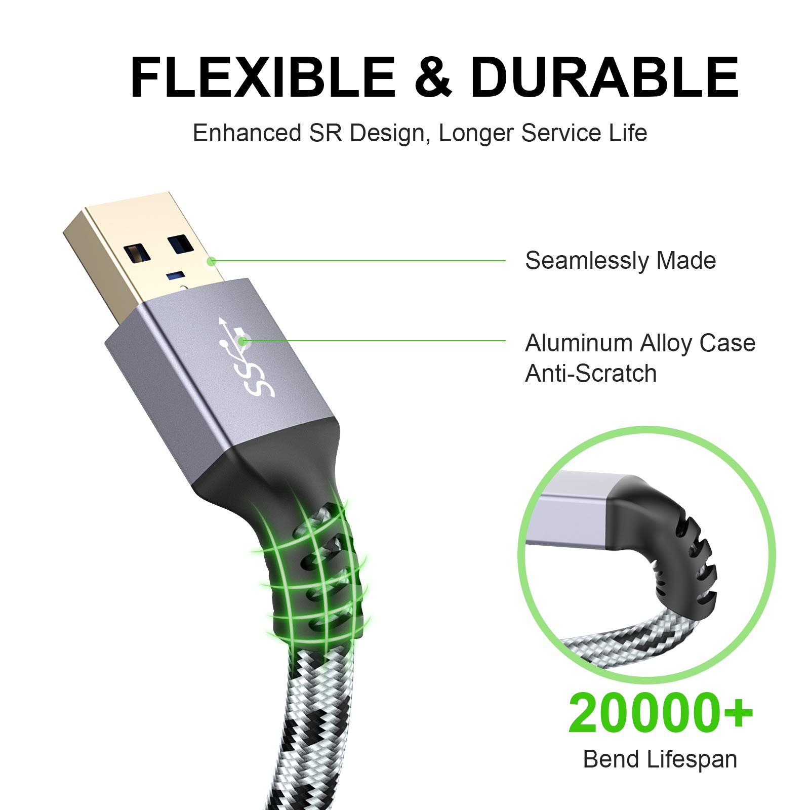 SNANSHI USB Extension Cable 1 ft Short USB 3.0 Extension Cable [Aluminum Shell, Nylon Braided] USB Extension Heavy Duty USB Extension Cord USB Male to Female Short USB Extender - 2PACK