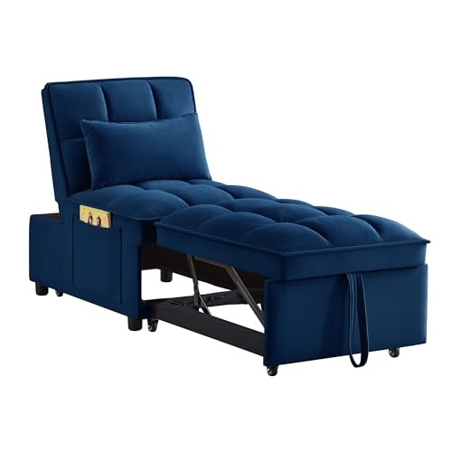 YOPTO Multi-Function Convertible Single Sleeper Sofa Bed with Storage Pockets,Velvet Tufted Pull-Out Couch Bed 4in1 W/Adjustable Backrest & Pillows,Chaise Lounge for Living Room,Small Space,Navy
