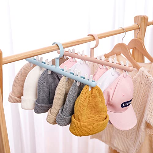 Yesesion Hat Organizer Set, 2 Pack Hanging Hat Rack for Baseball Caps, Blue Hat Hanger Holder for Closet with 6 Clips, Hat Organizer Hanger Storage Holder for Home, Entryway, Bedroom (Blue/White)