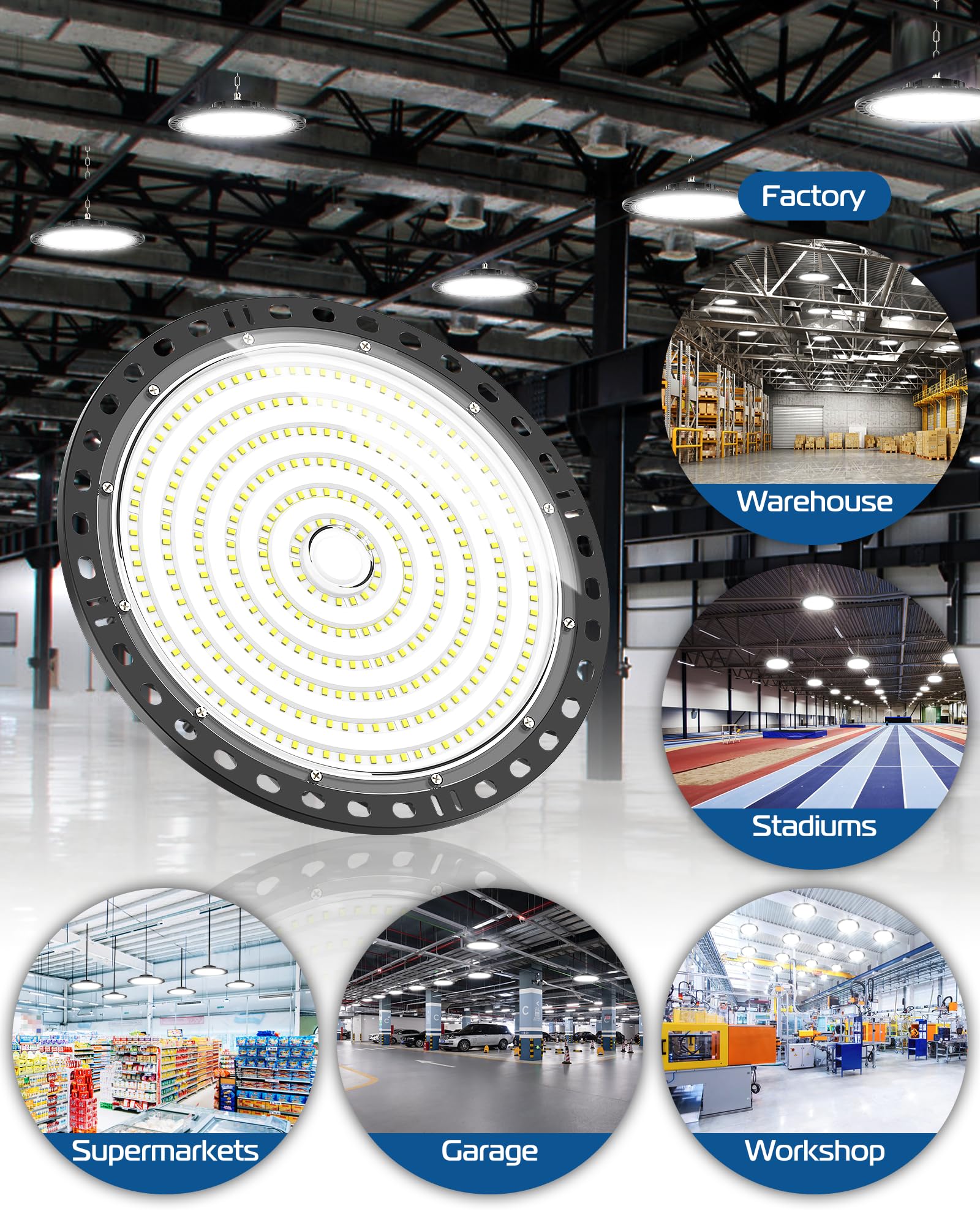 XINGHUANLIT UFO LED High Bay Light 200W 10 Pack, 28000LM High Bay LED Shop Lights 6500K Daylight IP65 Waterproof Commercial Bay Lighting with 6.56ft Plug, UFO Lights for Garage Warehouse Factory