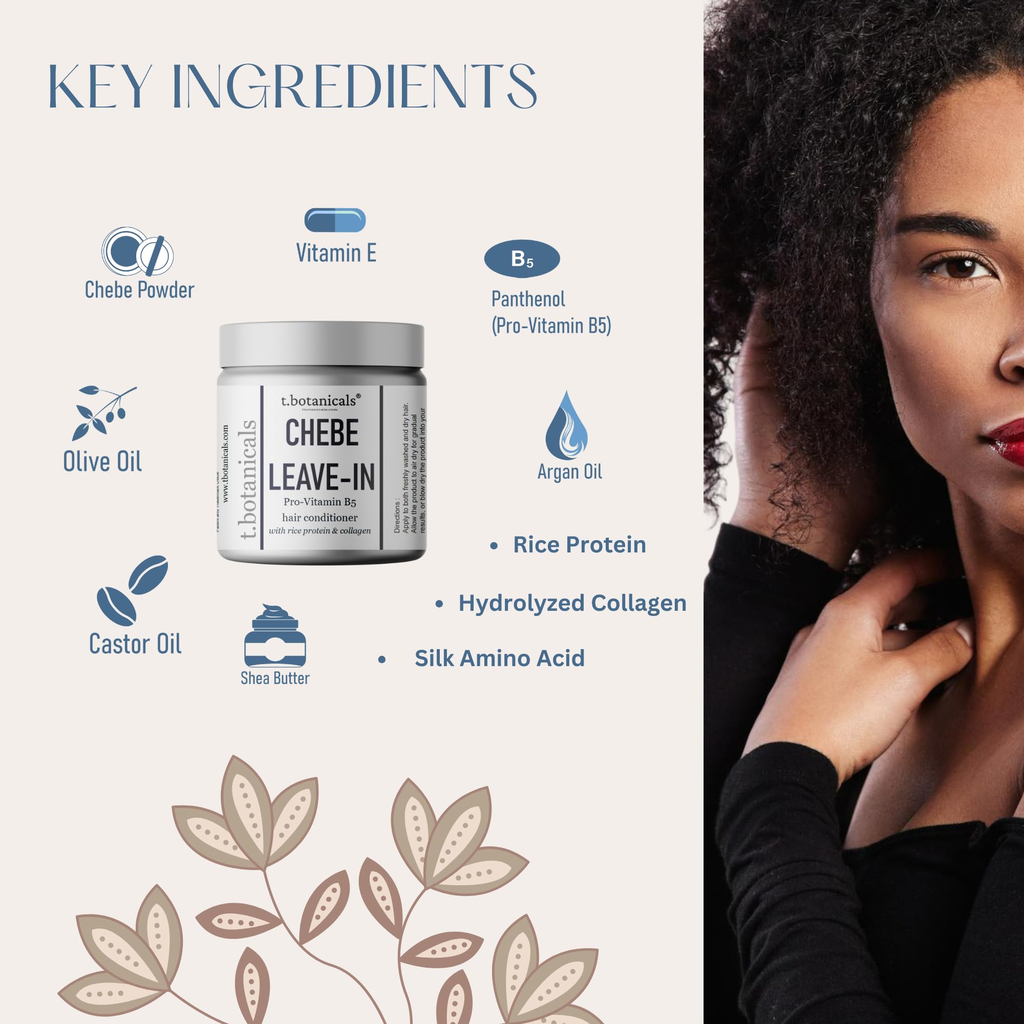 t.botanicals Chebe Leave In Conditioner Hair Growth with Provitamin B5, Thickening Strengthening Chebe Butter, Chebe Powder, Chebe Oil, Silk Amino Acids, Collagen (Unscented, 8 oz)
