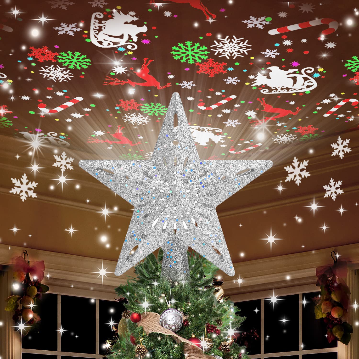 Kesfitt Christmas Tree Topper Lighted with 6 Projection Modes,Christmas Star Tree Topper Built-in LED Rotating Lights,Gold 3D Glitter Dynamic Projection for Xmas Party Holiday Decorations