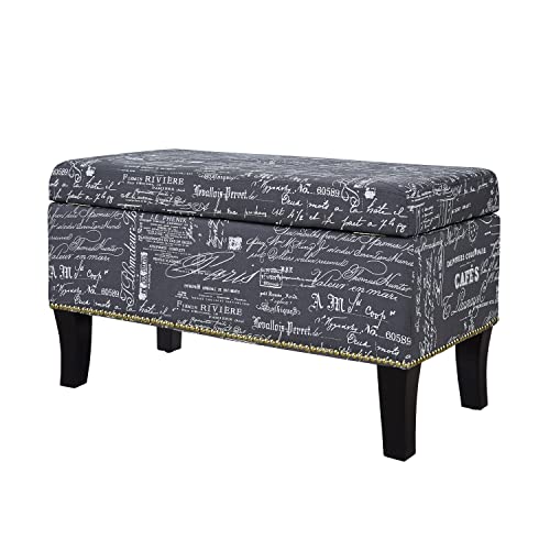 Linon Stephanie Script Linen Ottoman, 32"W x 16"D x 18"H, Gray/Black