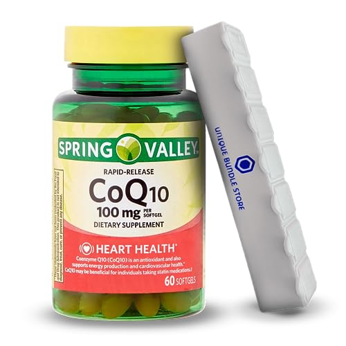 Spring Valley, CoQ10 100mg, 60 Count Rapid-Release Heart Health Dietary Supplement, CQ10 100mg softgels + 7 Day Pill Organizer Included (Pack of 1)