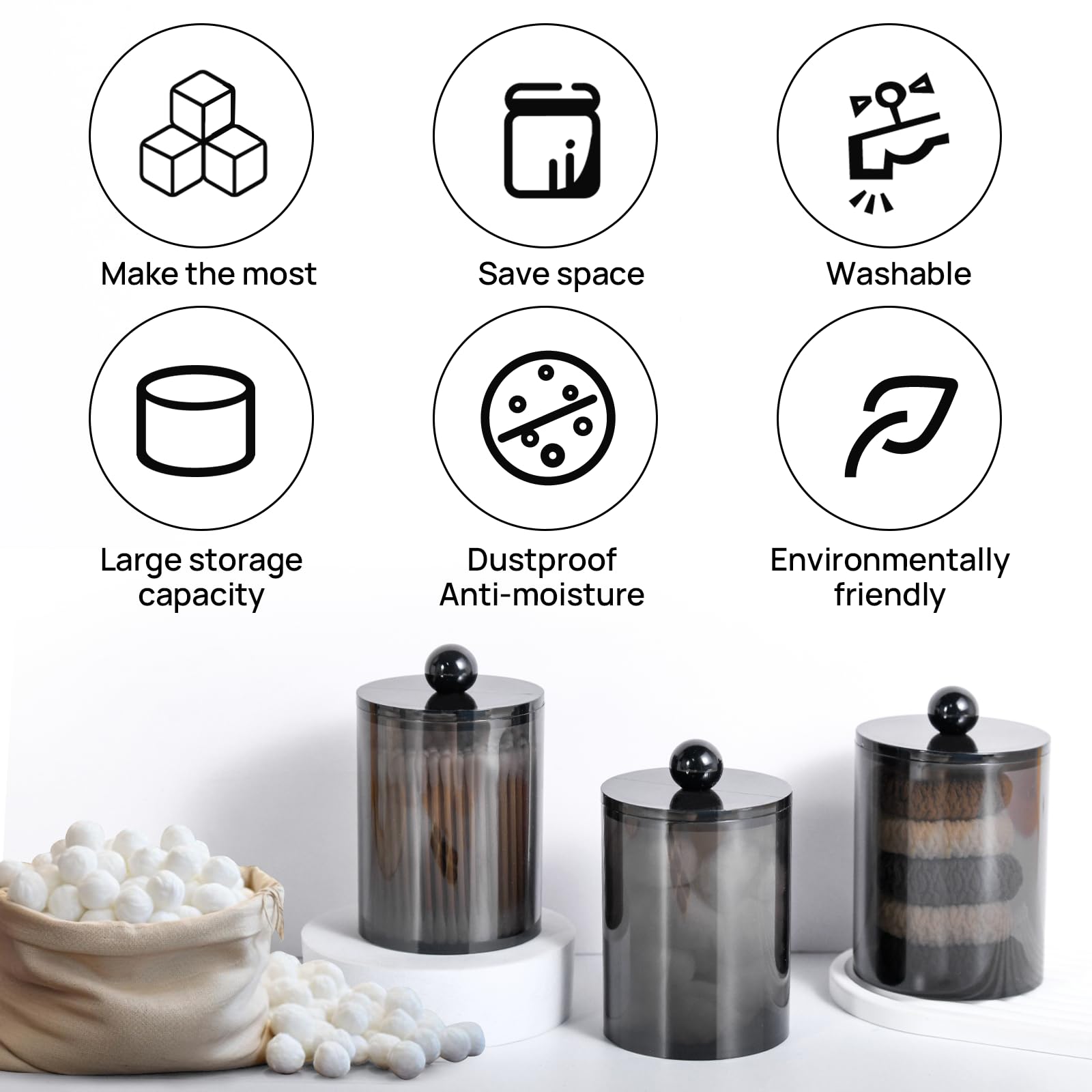 XIPENGKEJI 2 PACK Qtip Holder-10 oz, 12 oz, Qtip Holder Dispenser for Bathroom Canister Storage Organization, Vanity Makeup Organizer, for Cotton Ball, Cotton Swab, Cotton Rounds,Floss Picks.(Black)